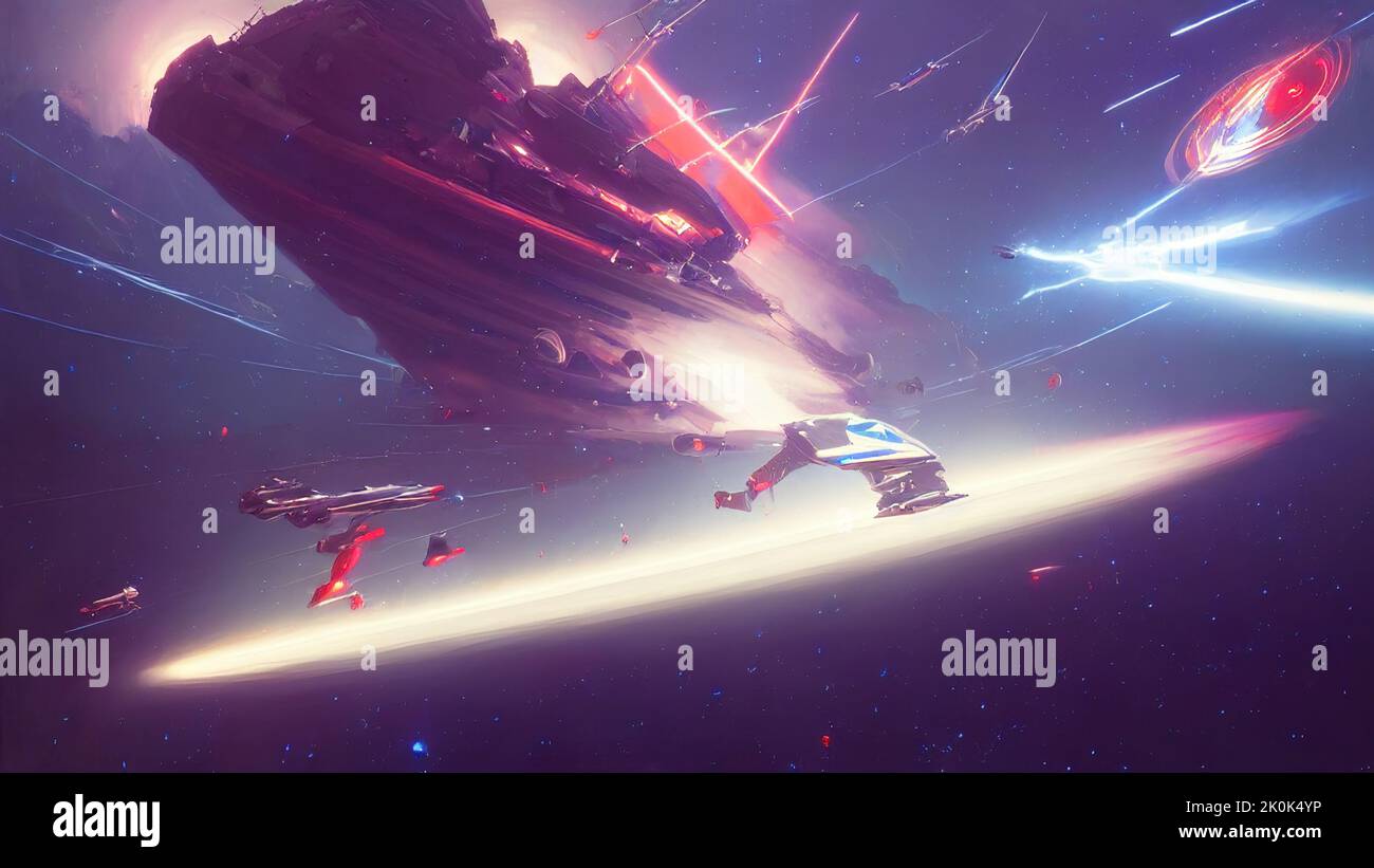 Space battle, spaceships are fighting, shooting from laser guns ...