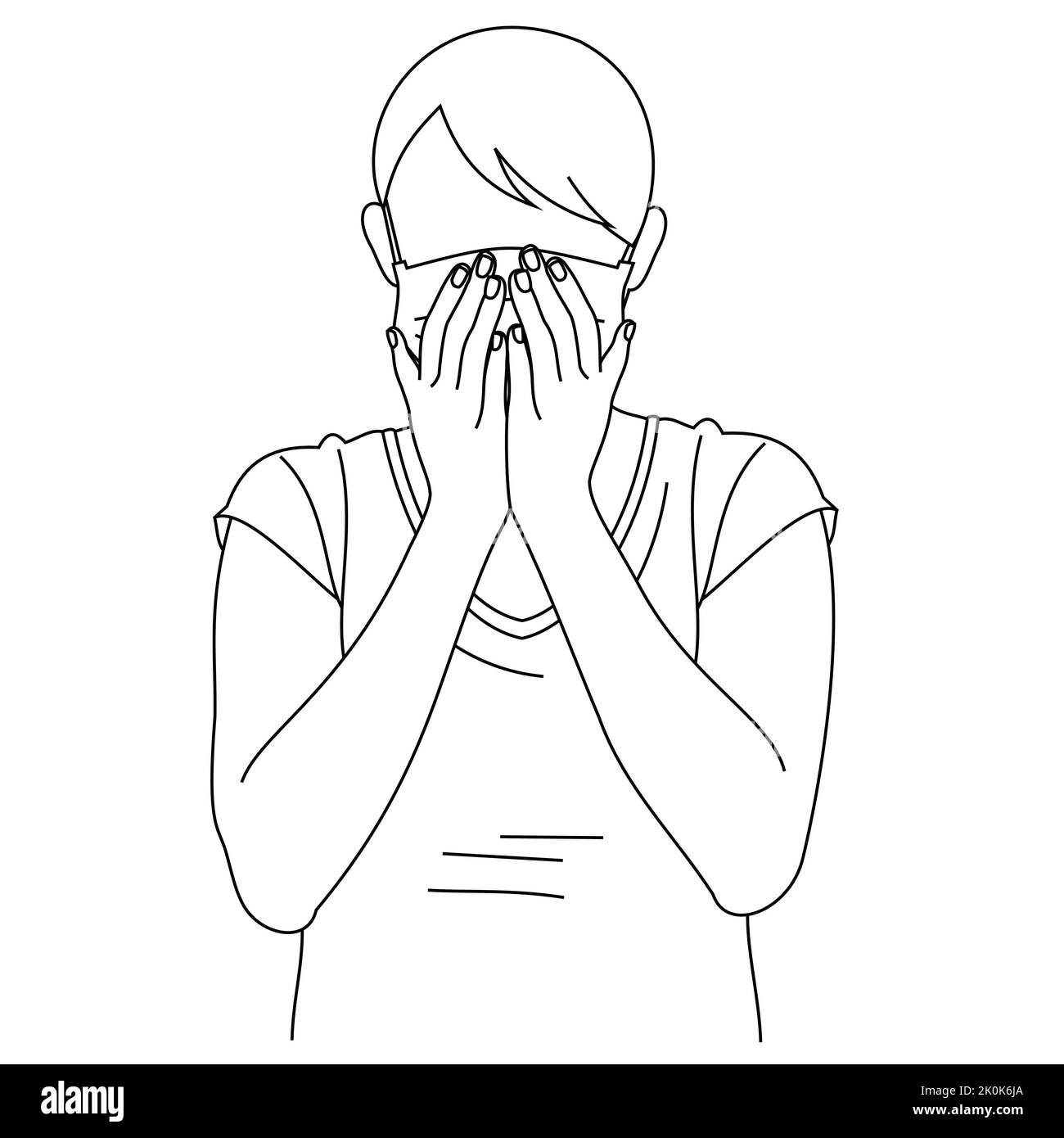 An illustration drawing of a young woman sick wearing medical face ...