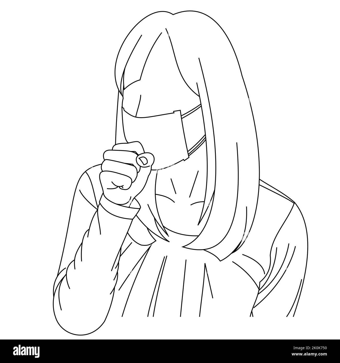 An illustration drawing of a young woman sick wearing medical face ...