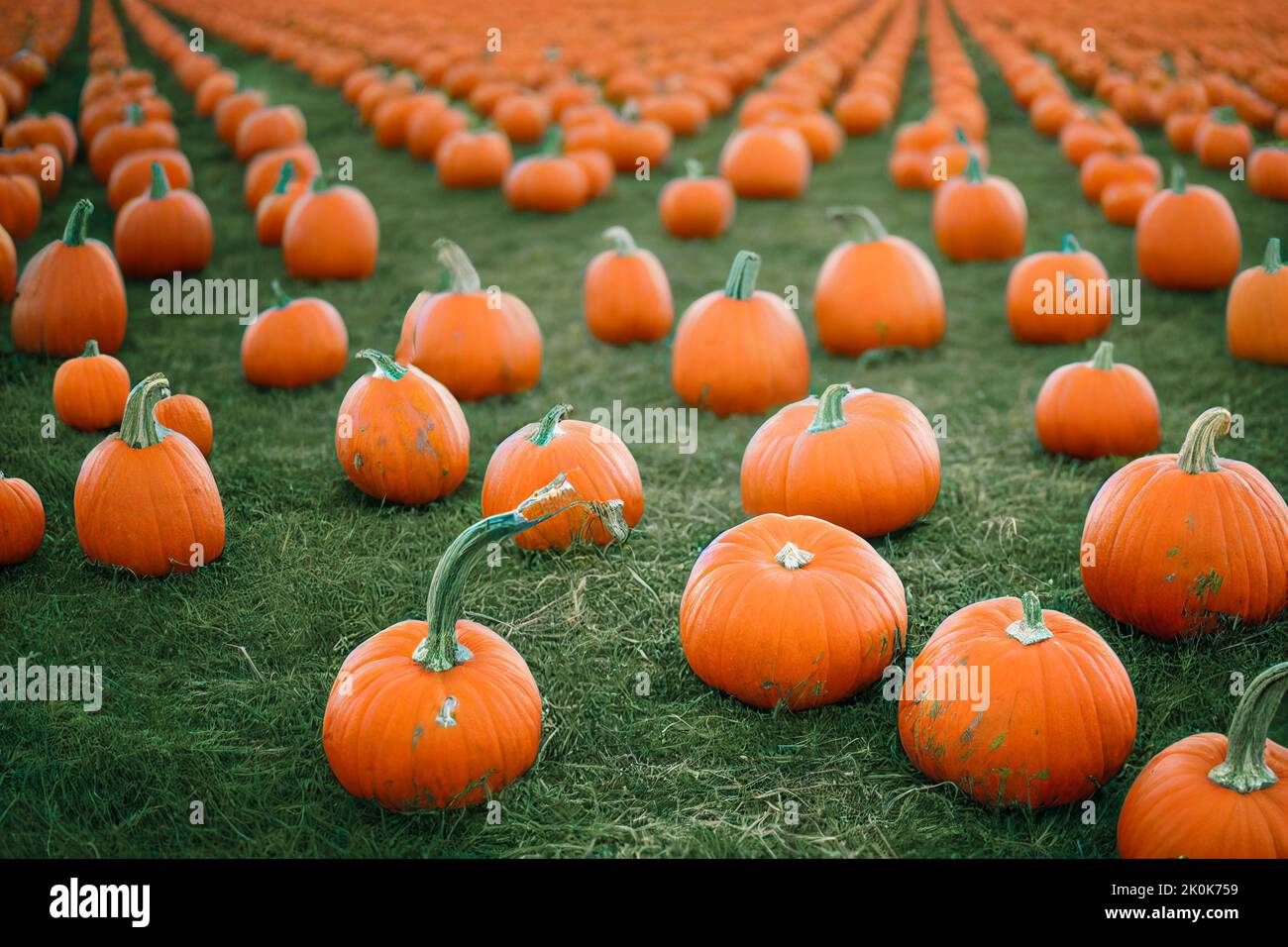 Rows of orange pumpkins lined up in a grass field of outdoor farmhouse ...