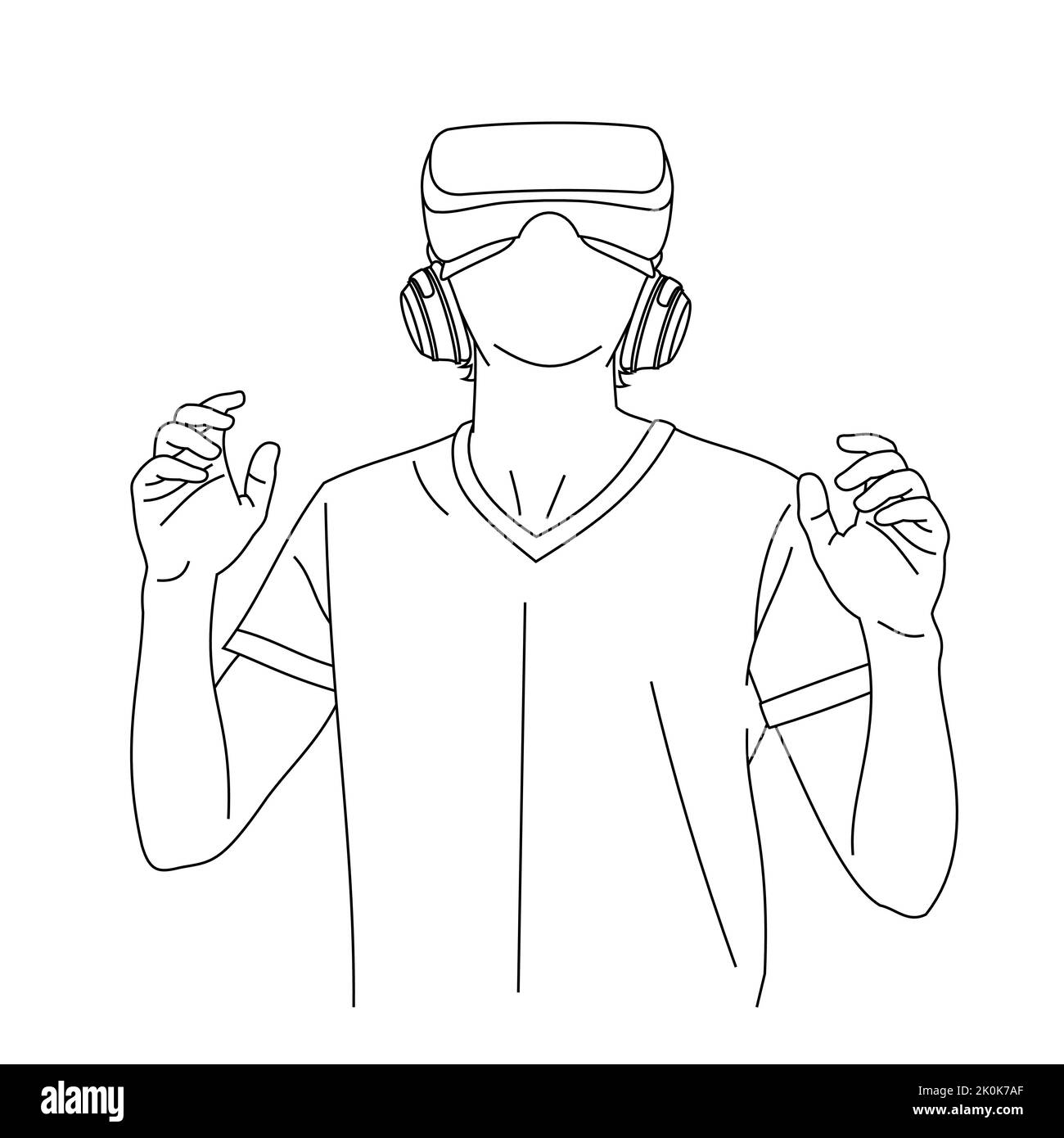 An illustration drawing of a young man using Virtual Reality glasses ...