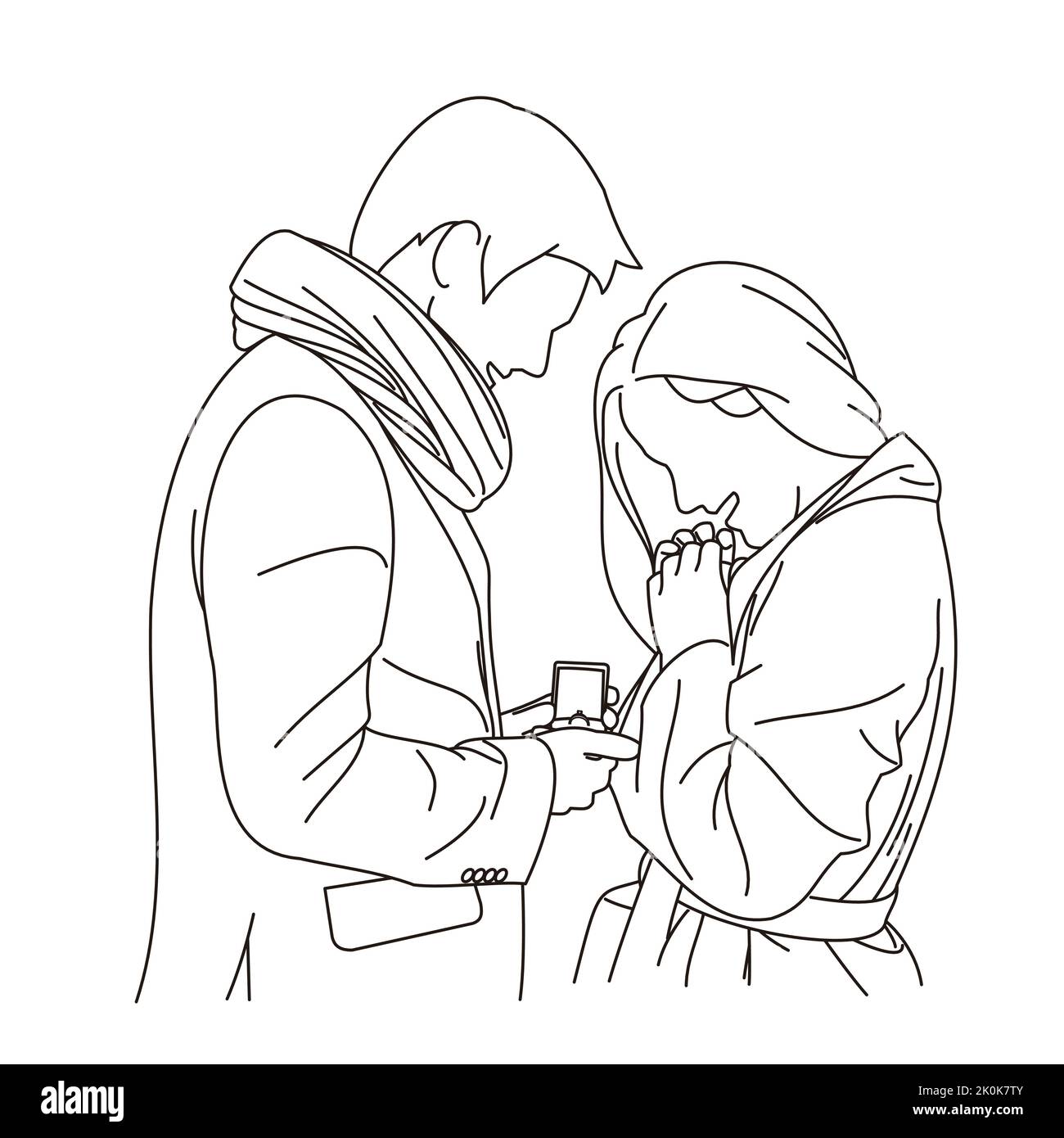 A closeup of a sketch drawing of a man proposing to his girlfriend ...