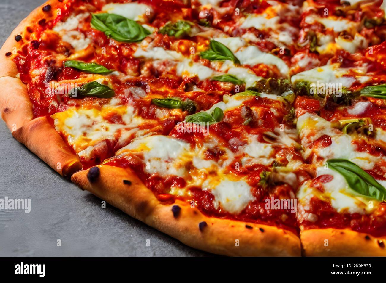 A closeup shot of a gourmet cheesy sliced pizza Stock Photo - Alamy