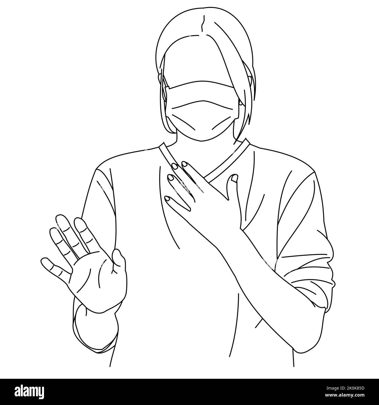 An illustration drawing of a young woman sick wearing medical face ...