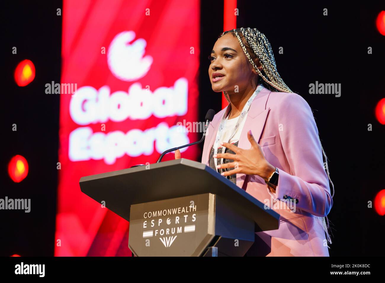 Alice Dearing, Olympian and Gamer gives a speech at The Forum during ...