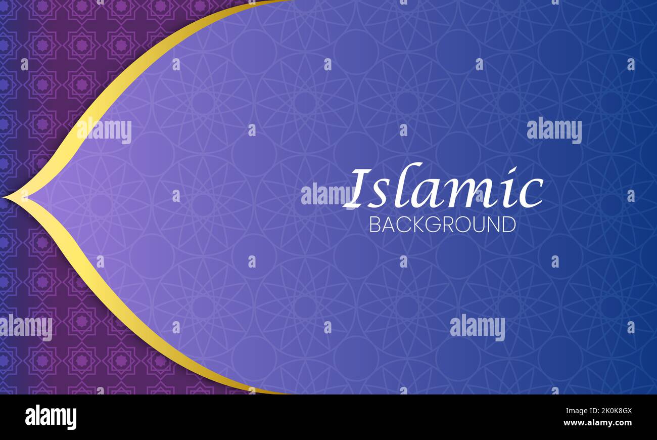 A beautiful purple background with Islamic patterns, golden decorations ...