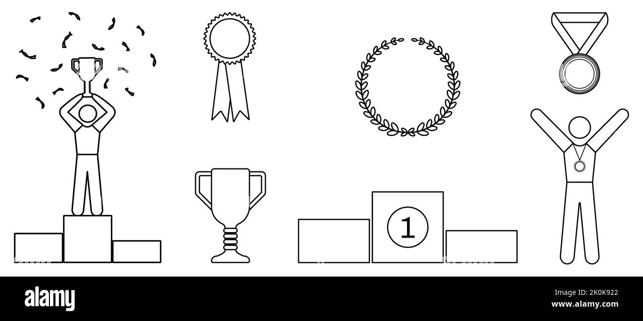 Winner Champion Icon set. Human on podium, trophy, medal, laurel wreath ...