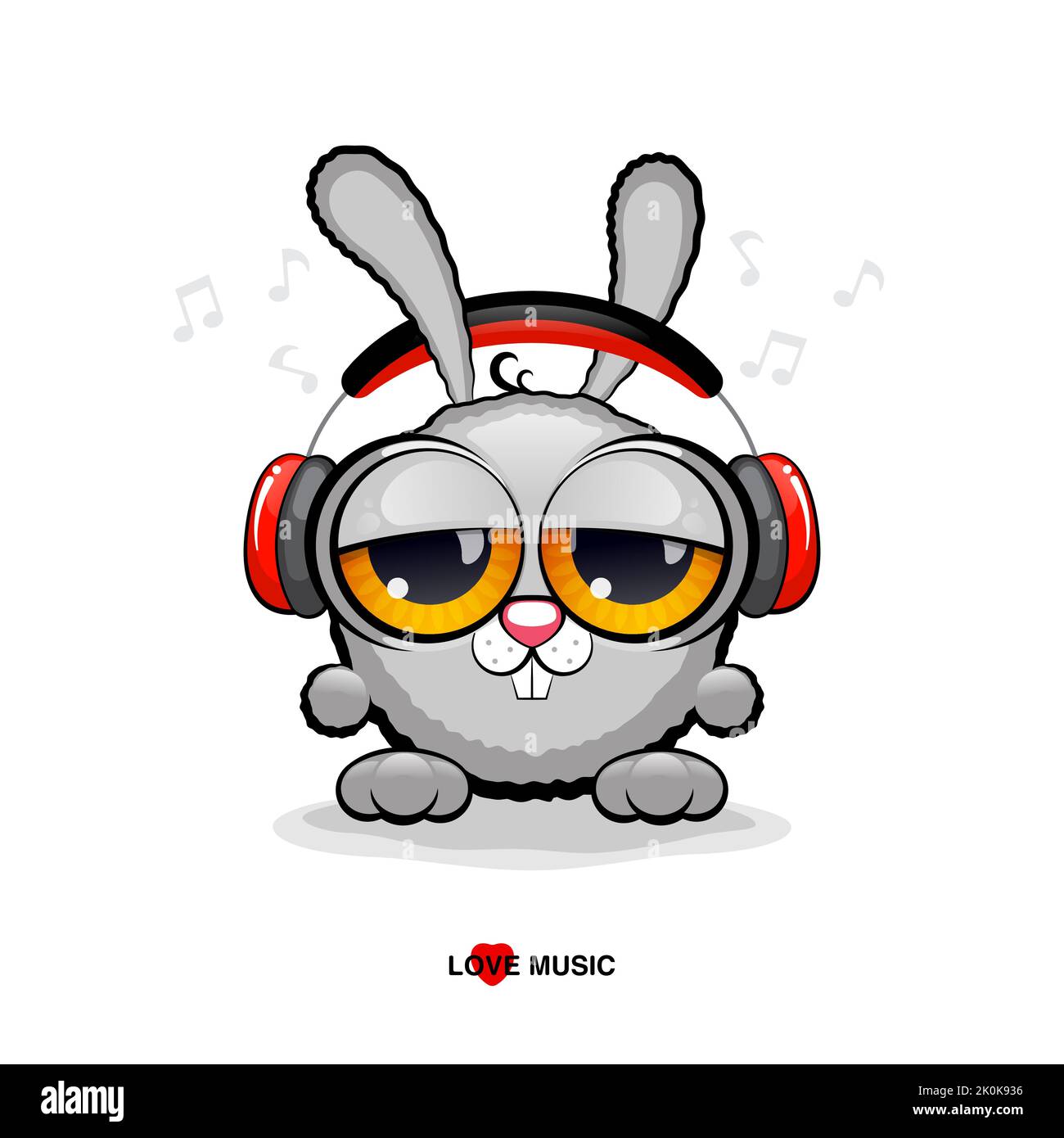 Gray rabbit with red headphones on a white background. Cartoon style ...