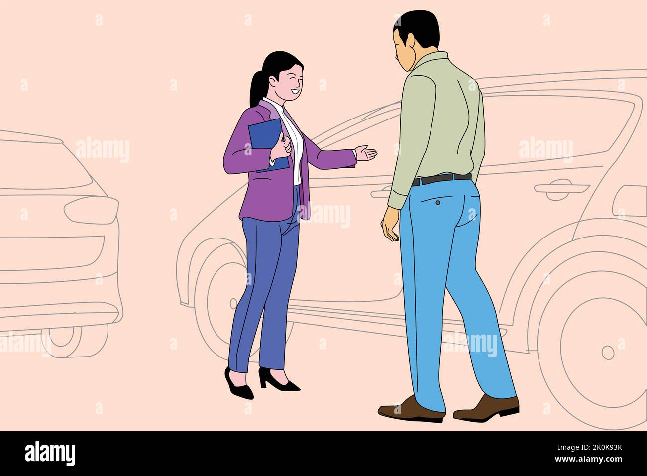 A saleswoman showing an illustration of a car to the customer on a pink ...