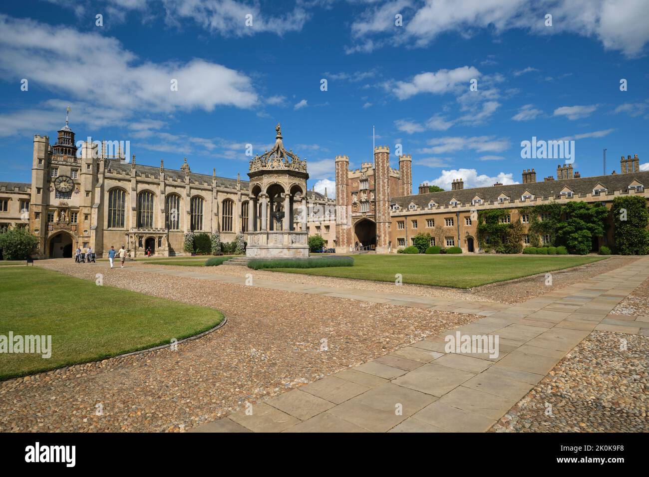 The main quad, courtyard with groomed, perfect lawn, grass. At Trinity ...
