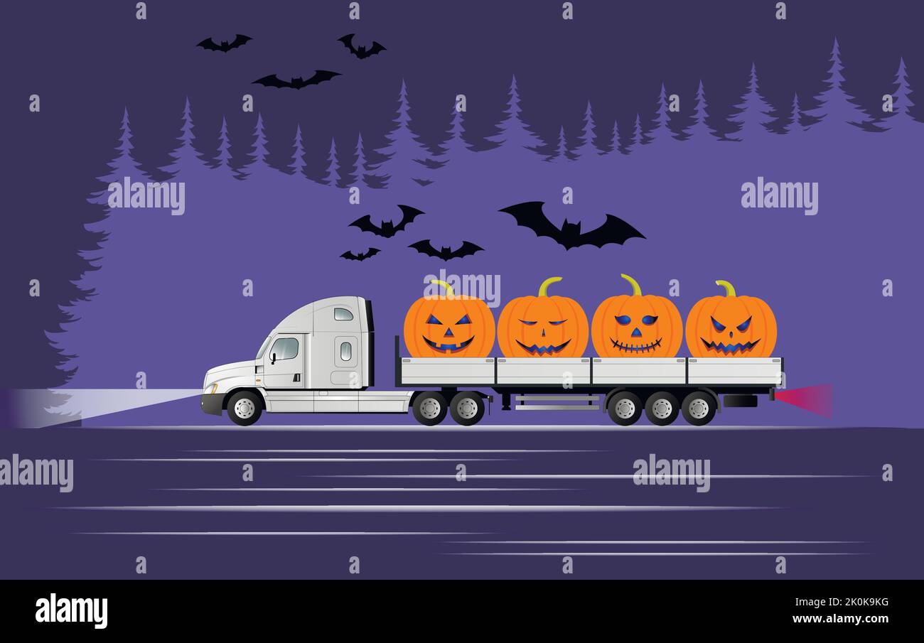 A modern American truck with a semi-trailer carries pumpkins on ...