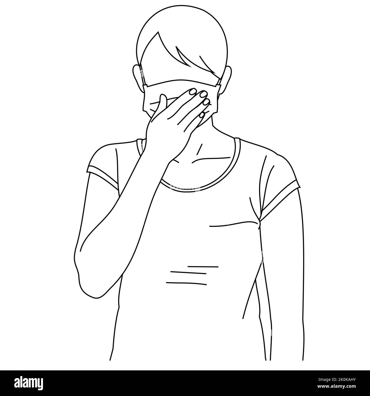 An illustration drawing of a young woman sick wearing medical face ...