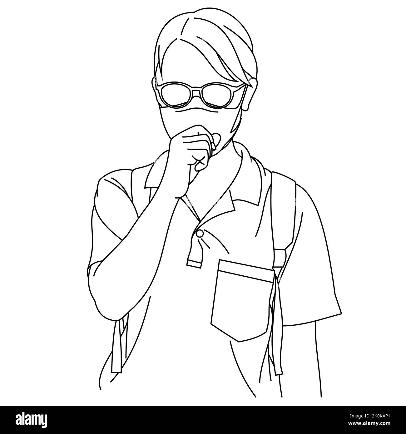 An illustration drawing of a young woman sick wearing medical face ...