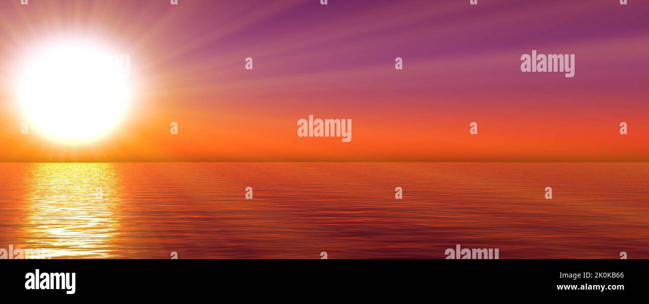 sunset sea sun ray clear sky, 3d rendering illustration Stock Photo - Alamy