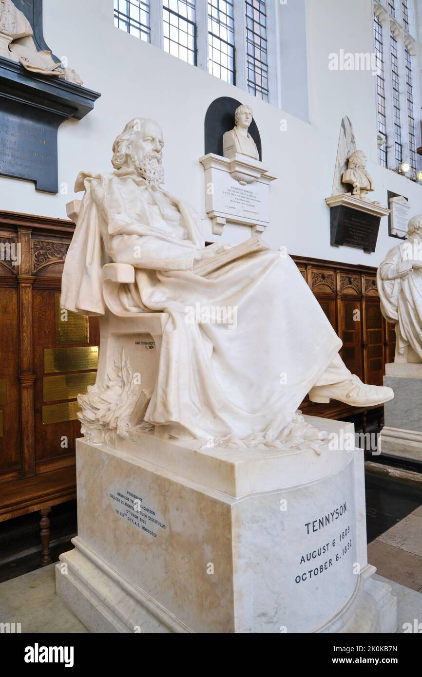 A white marble statue of Alfred Lord Tennyson, in the Trinity college ...
