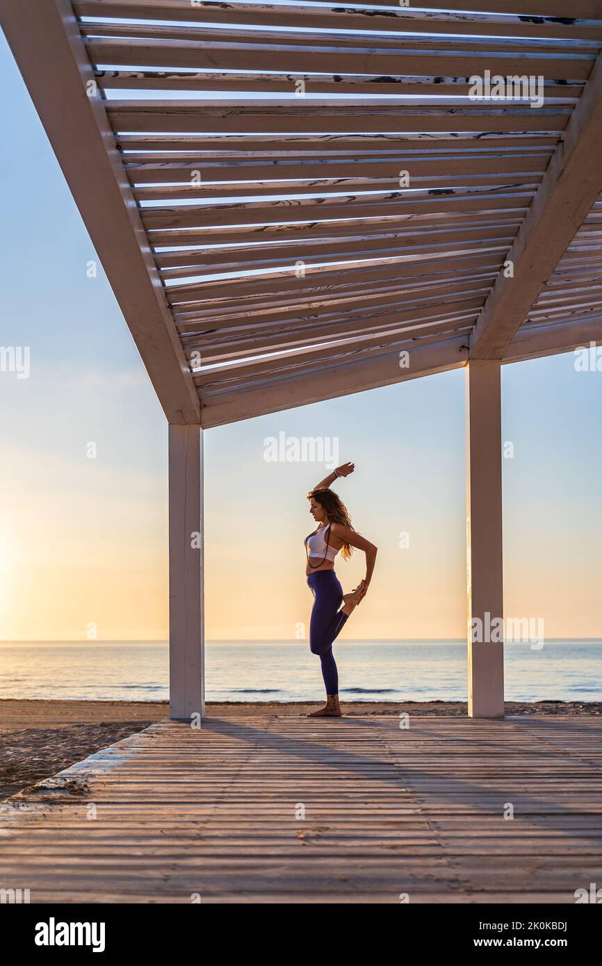 Side view of flexible female in sportswear balancing on leg and ...