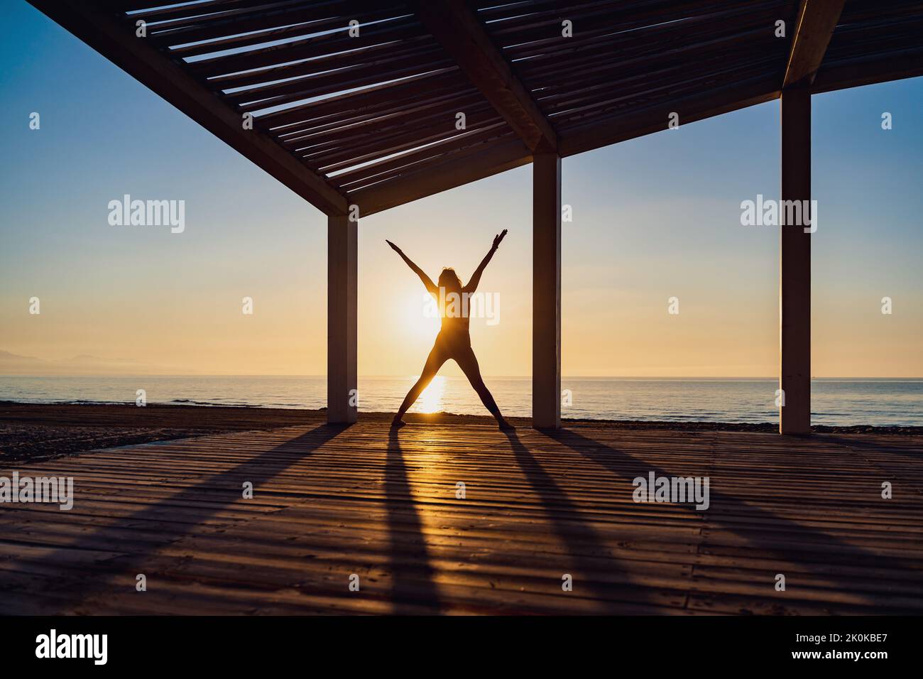 Back view of silhouette of concentrated female practicing yoga with ...