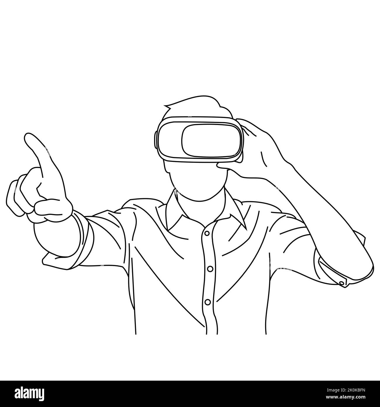 An illustration drawing of a young man using Virtual Reality glasses ...