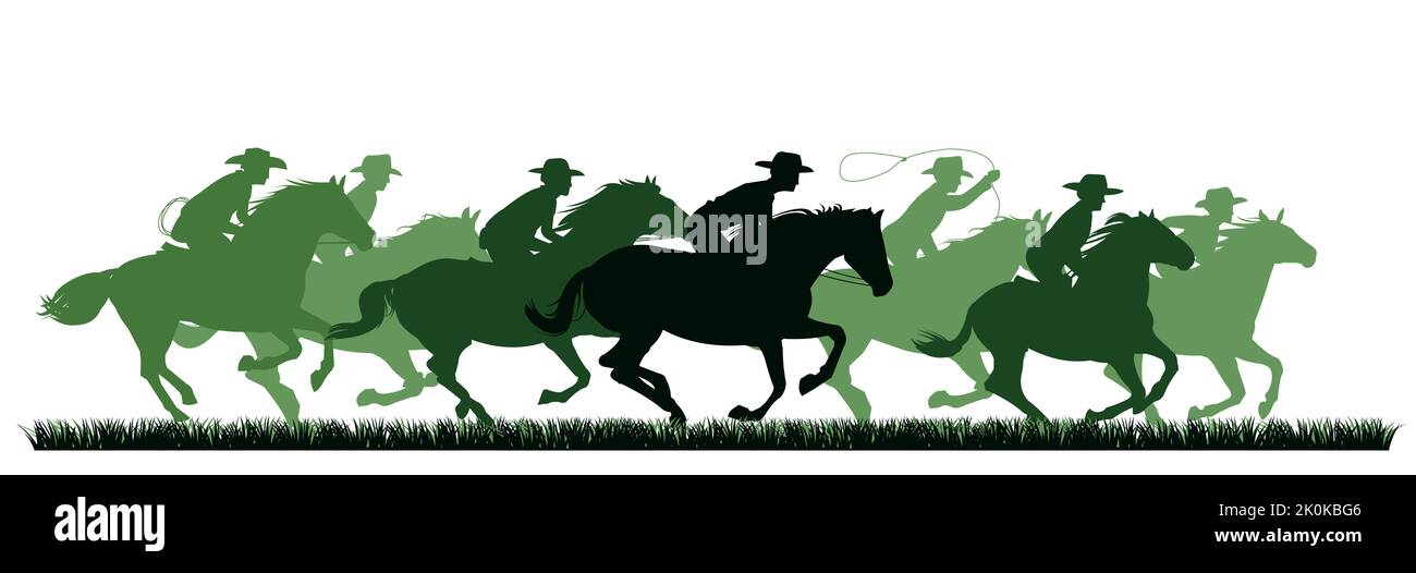 Cowboys ride horses on grass. Picture silhouette. Riders on horseback ...