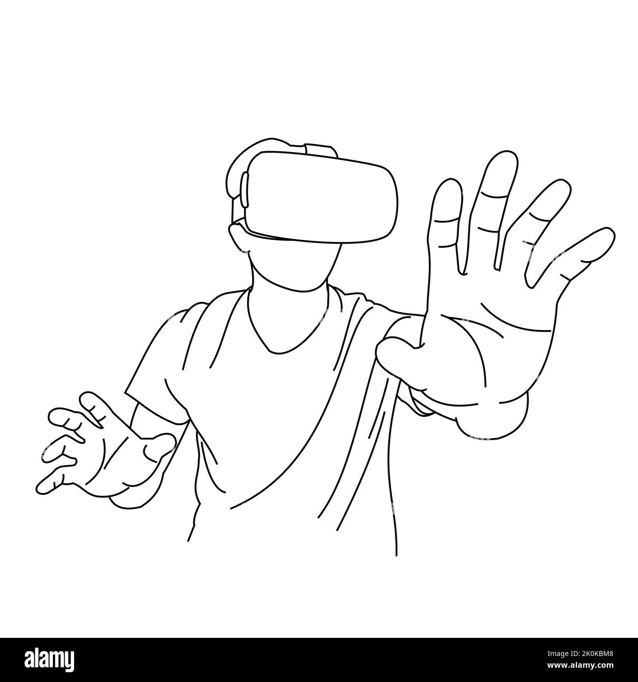 An illustration drawing of a young man using a Virtual Reality glasses ...