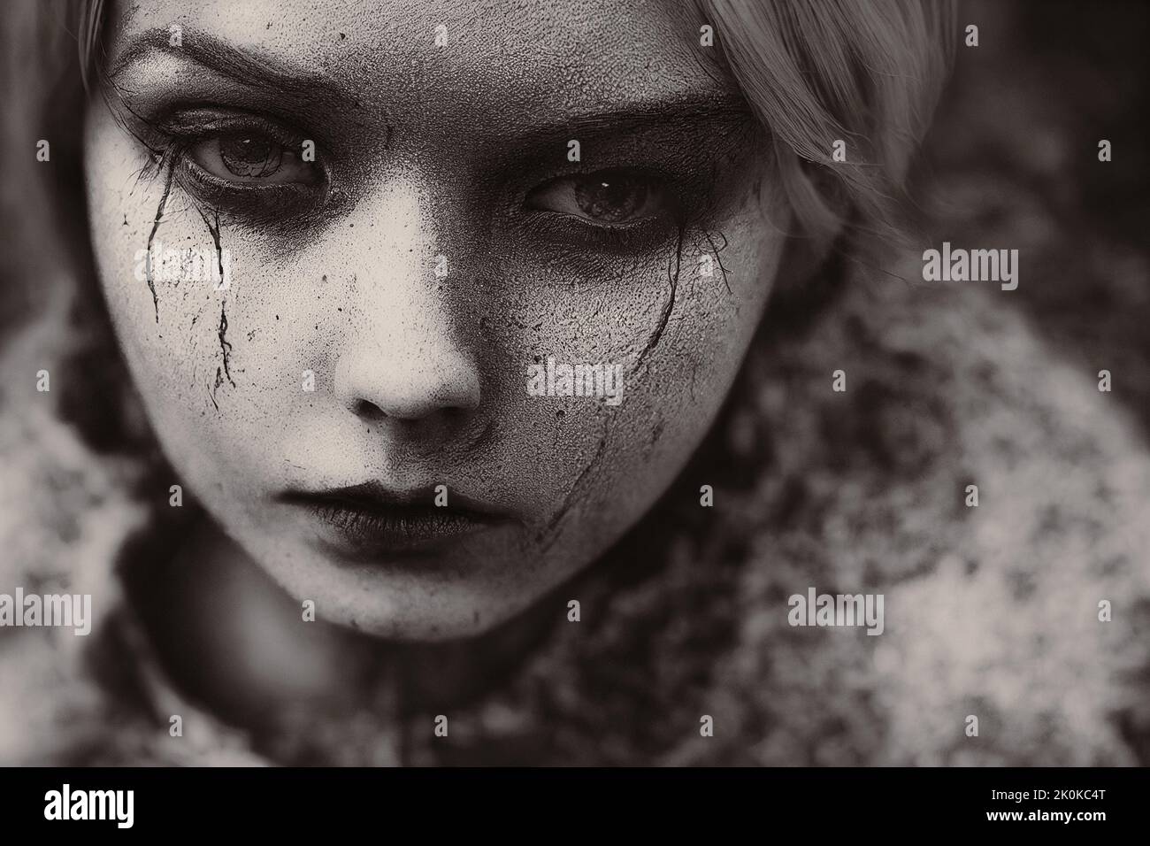 a close up of a creepy face of a woman with scratches on her face ...