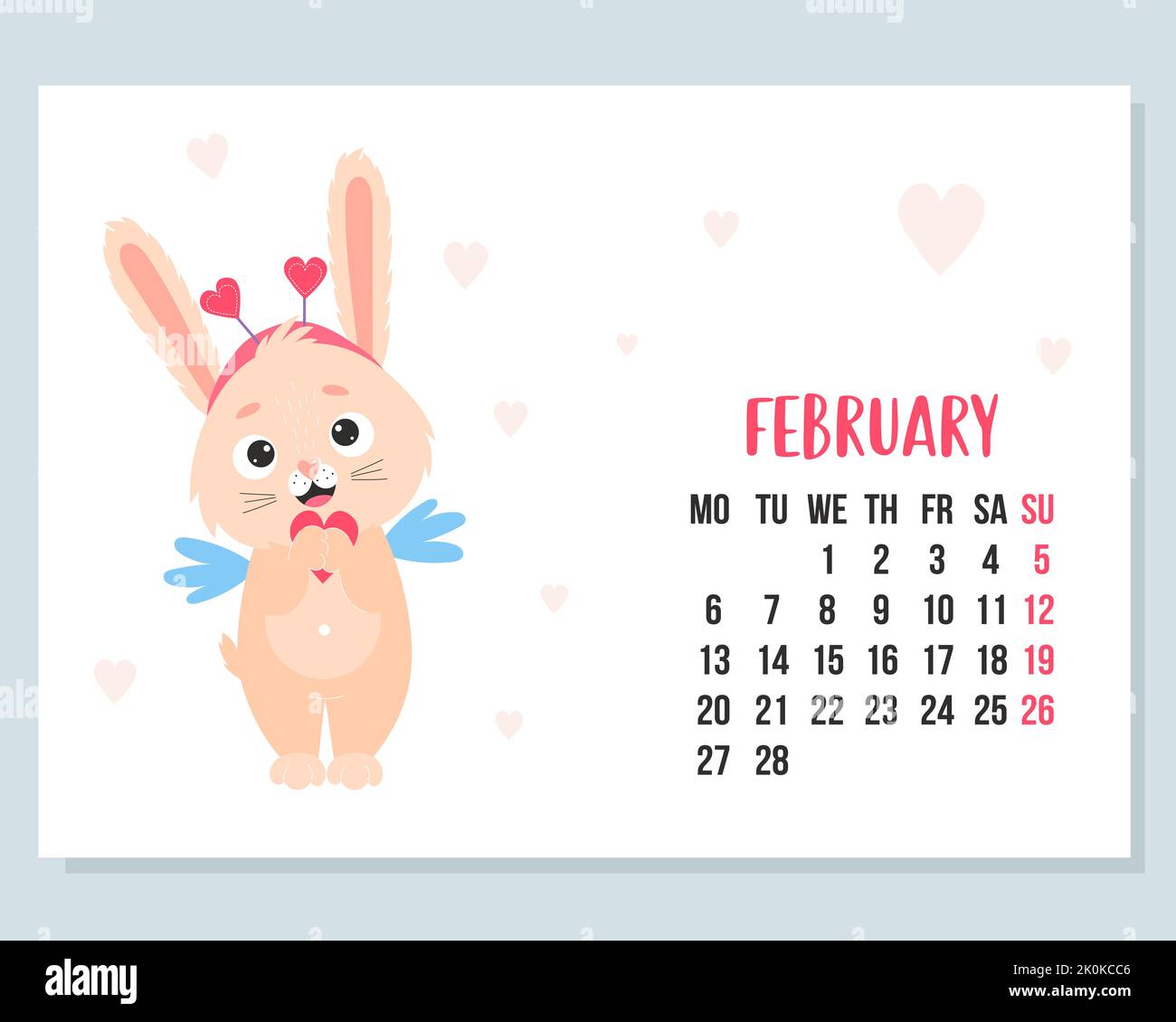 february 2023 calendar. Cute bunny cupid with an heart. rabbit is ...
