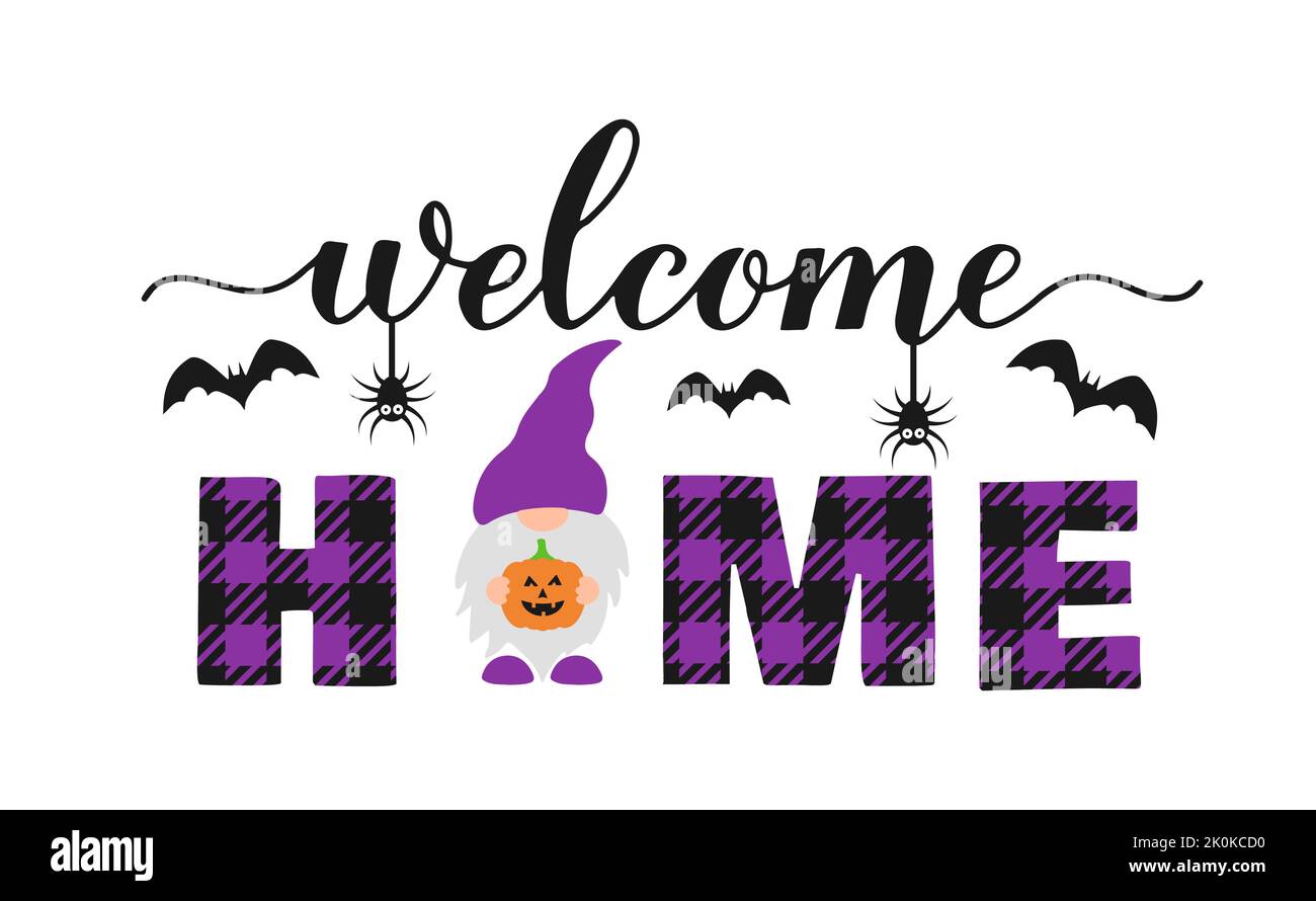 Welcome home lettering with cute gnome holding Halloween pumpkin ...