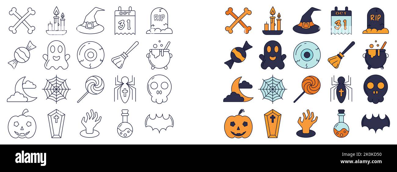 A collection of Halloween icons. Identical sets with and without colors ...