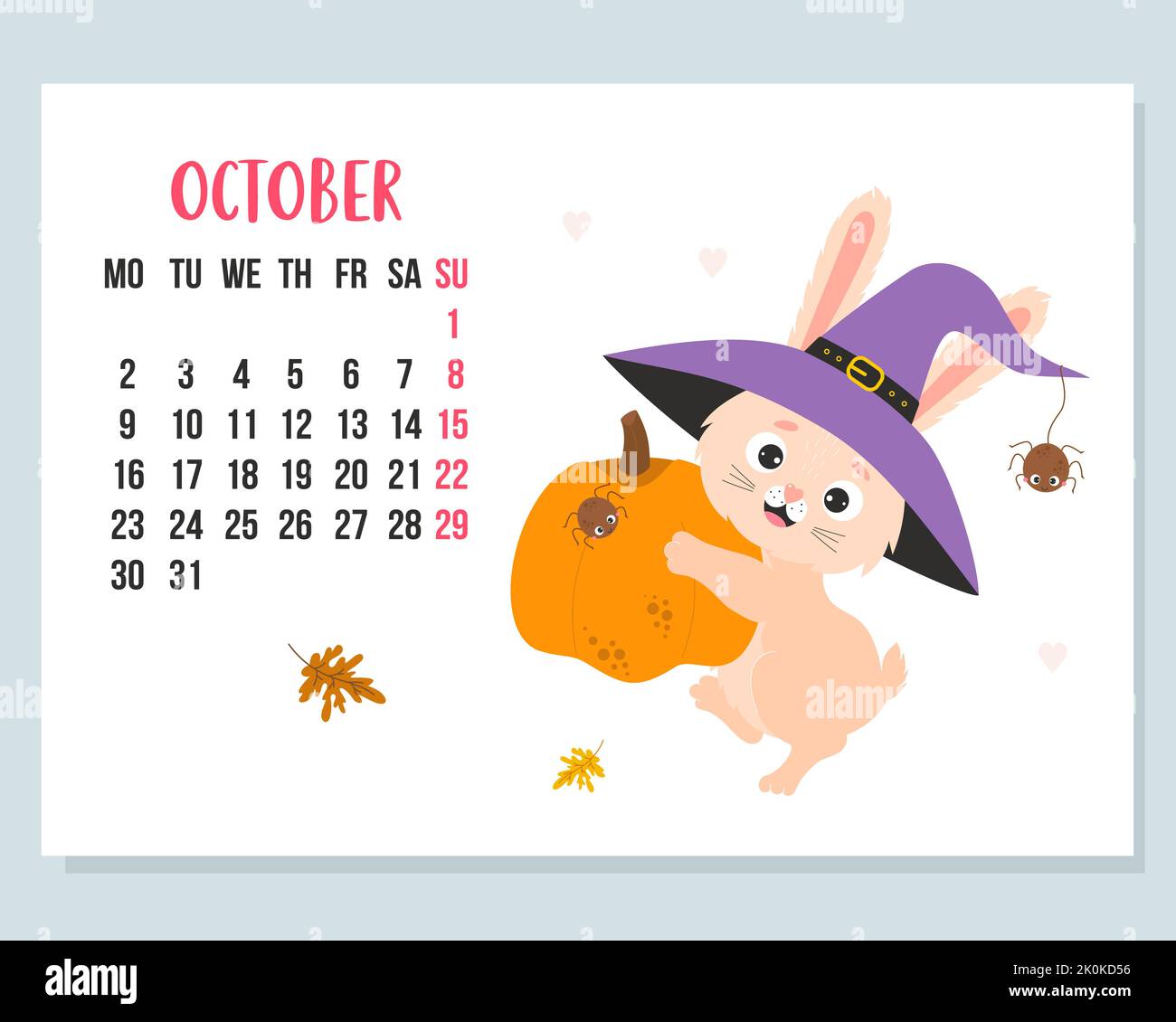 October 2023 calendar. Cute bunny Halloween wearing witch hat with ...