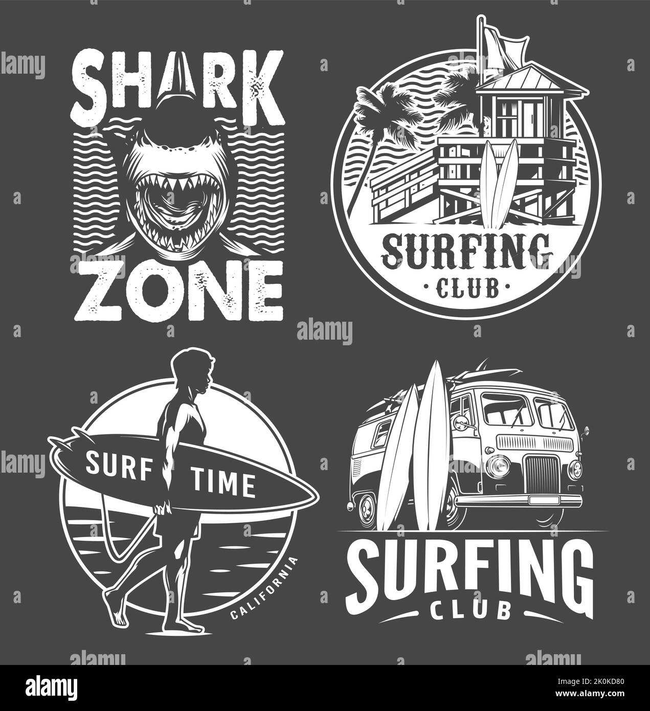 The different surfing badges and emblems isolated on dark background ...