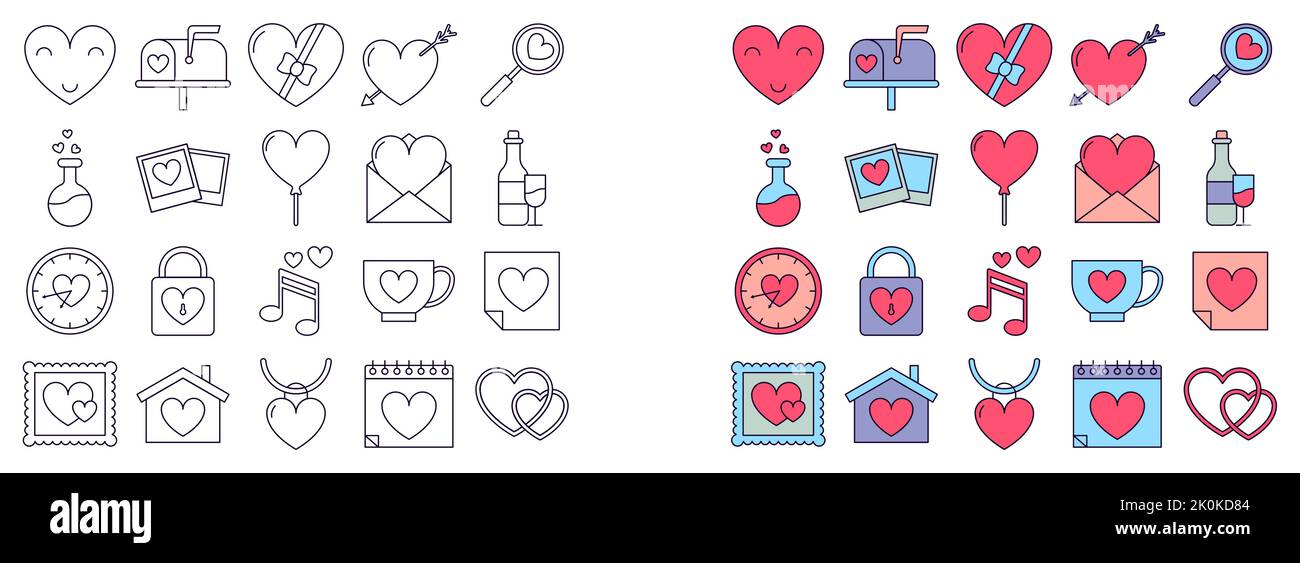 A set of Valentine's Day icons. Identical set with and without colors ...