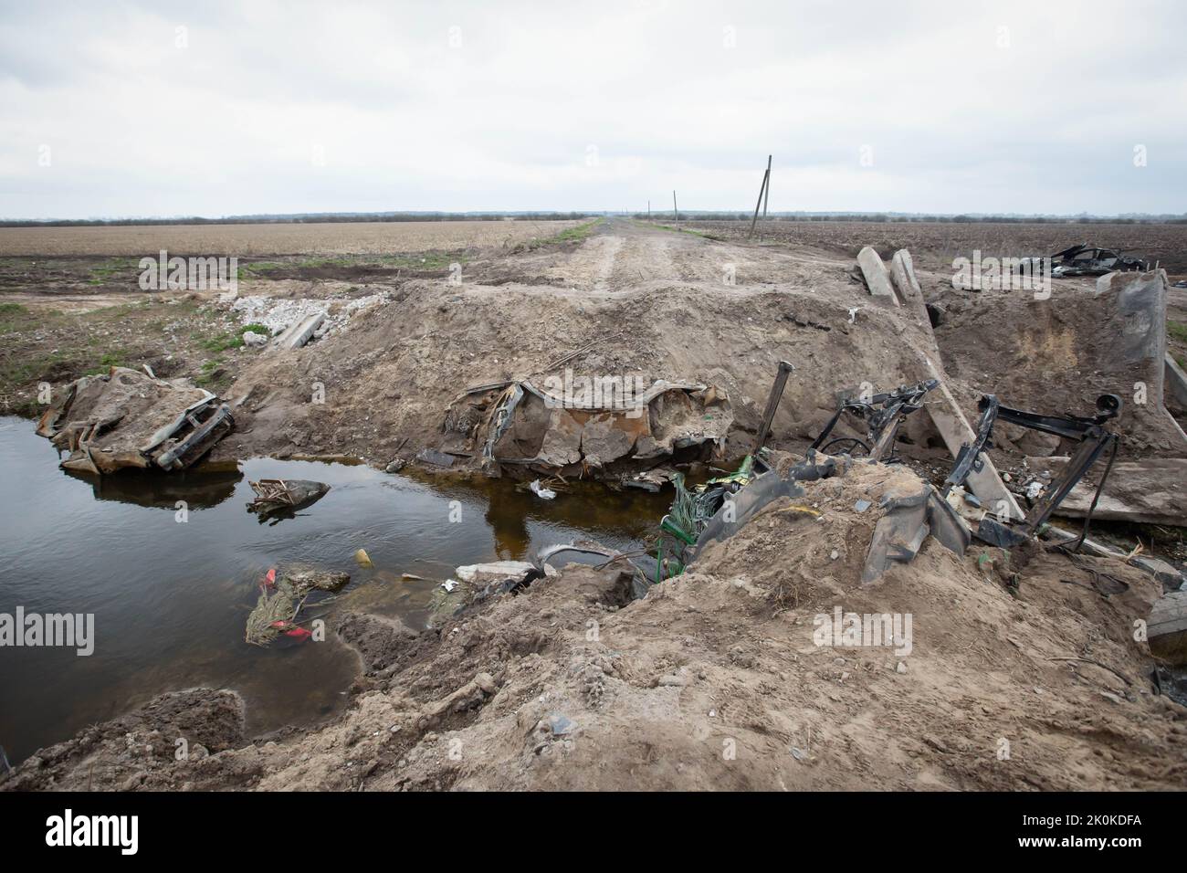 Brovary, Ukraine. 21st Apr, 2022. A blown up bridge and burnt out ...