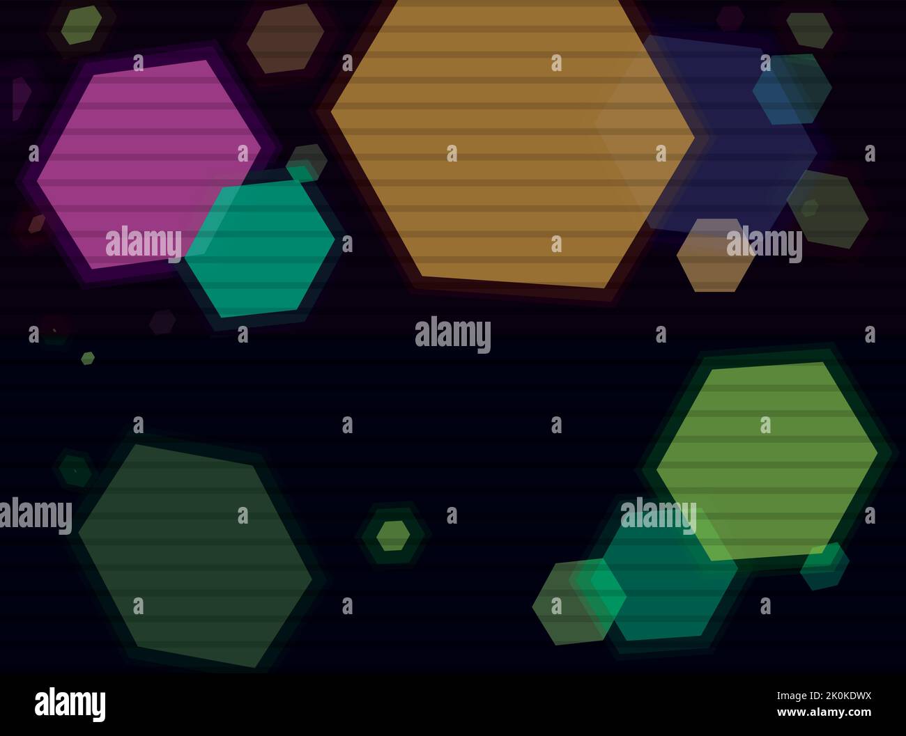 Dark background template decorated with glowing and colorful hexagons ...