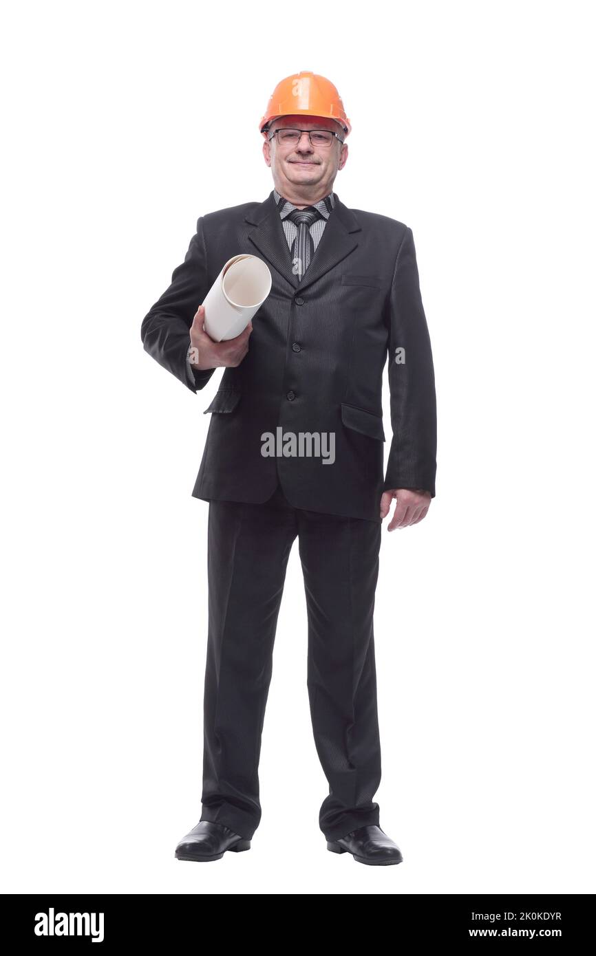 An architect wearing a hard hat and holding plans Stock Photo - Alamy