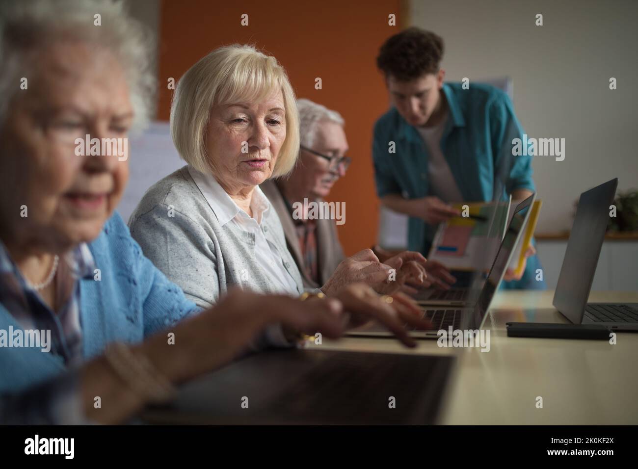 Senior group with young instructor learning together in computer class ...
