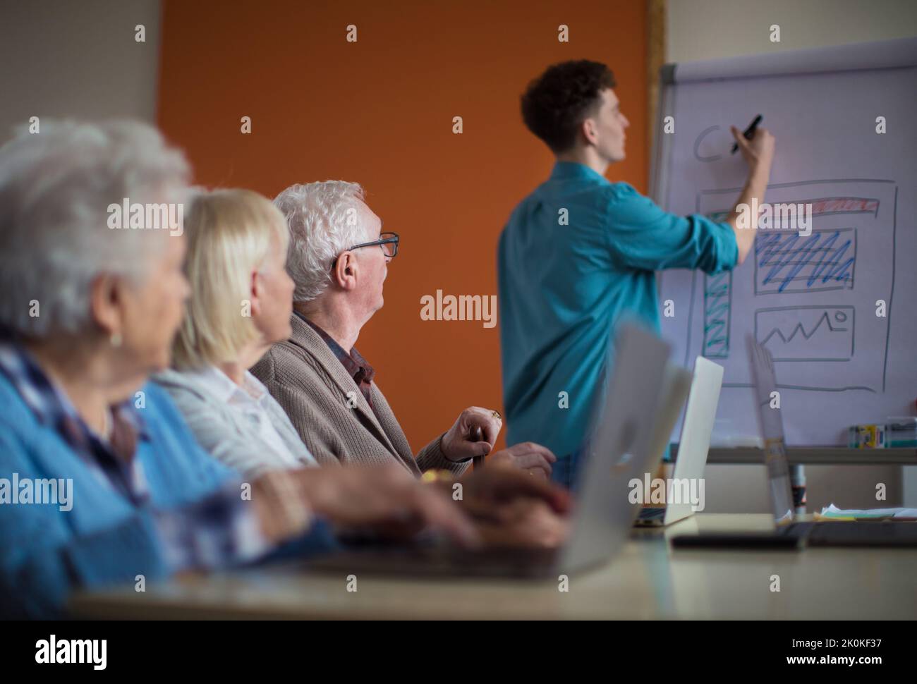 Senior group with young instructor learning together in computer class ...