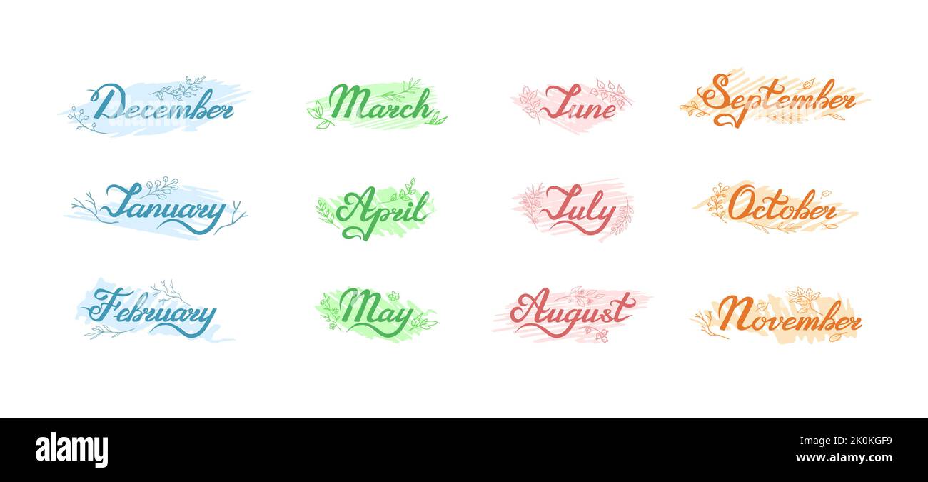 Handwritten lettering colorful names month Stock Vector Images - Alamy