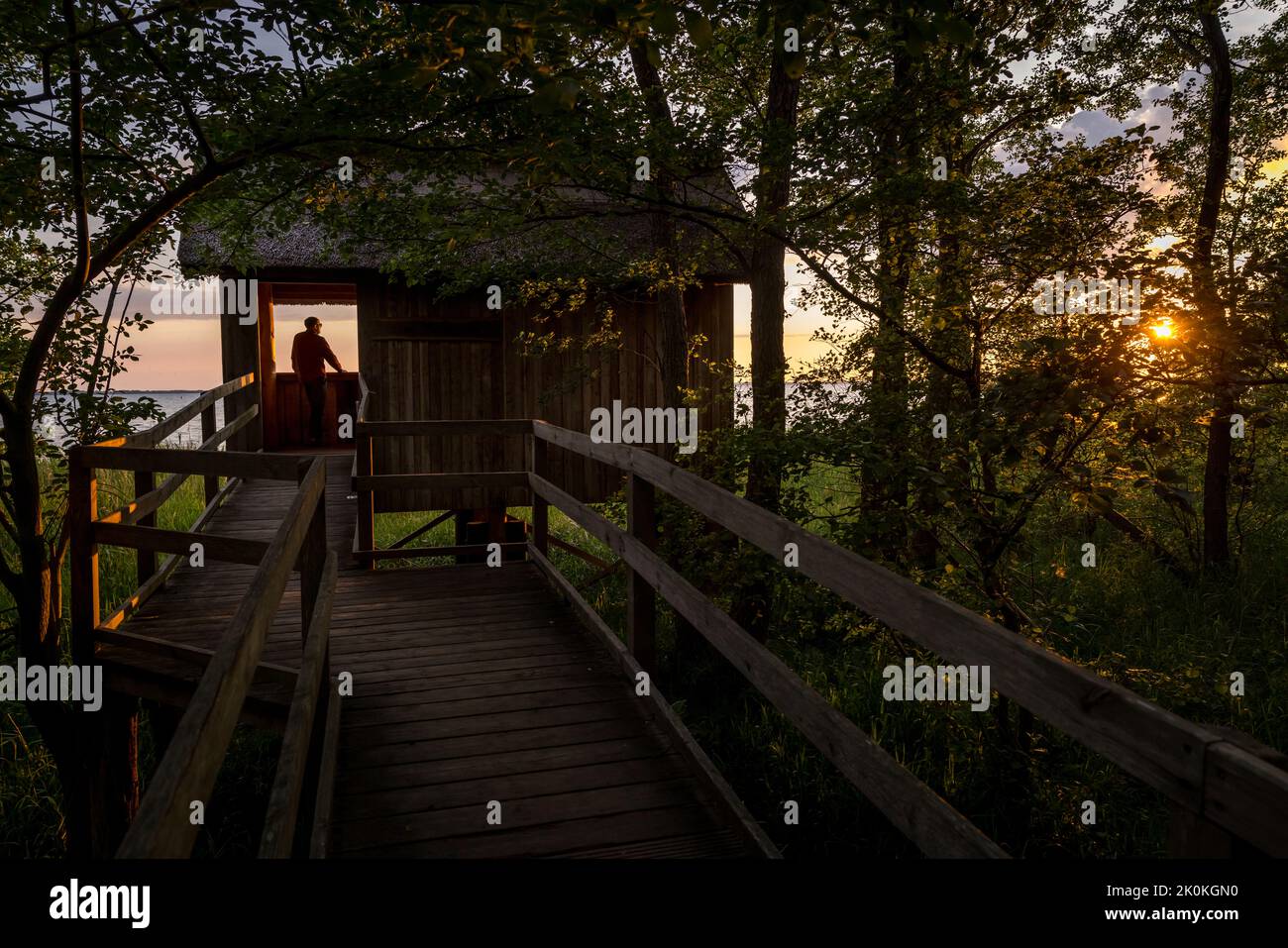 Evening mood with sunset at the lookout hut at the Müritz lake near ...
