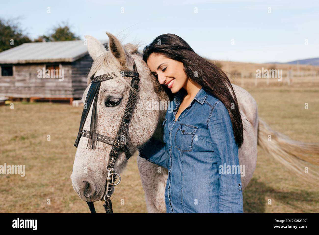 Young brunette in denim shirt caressing beautiful white horse in ...