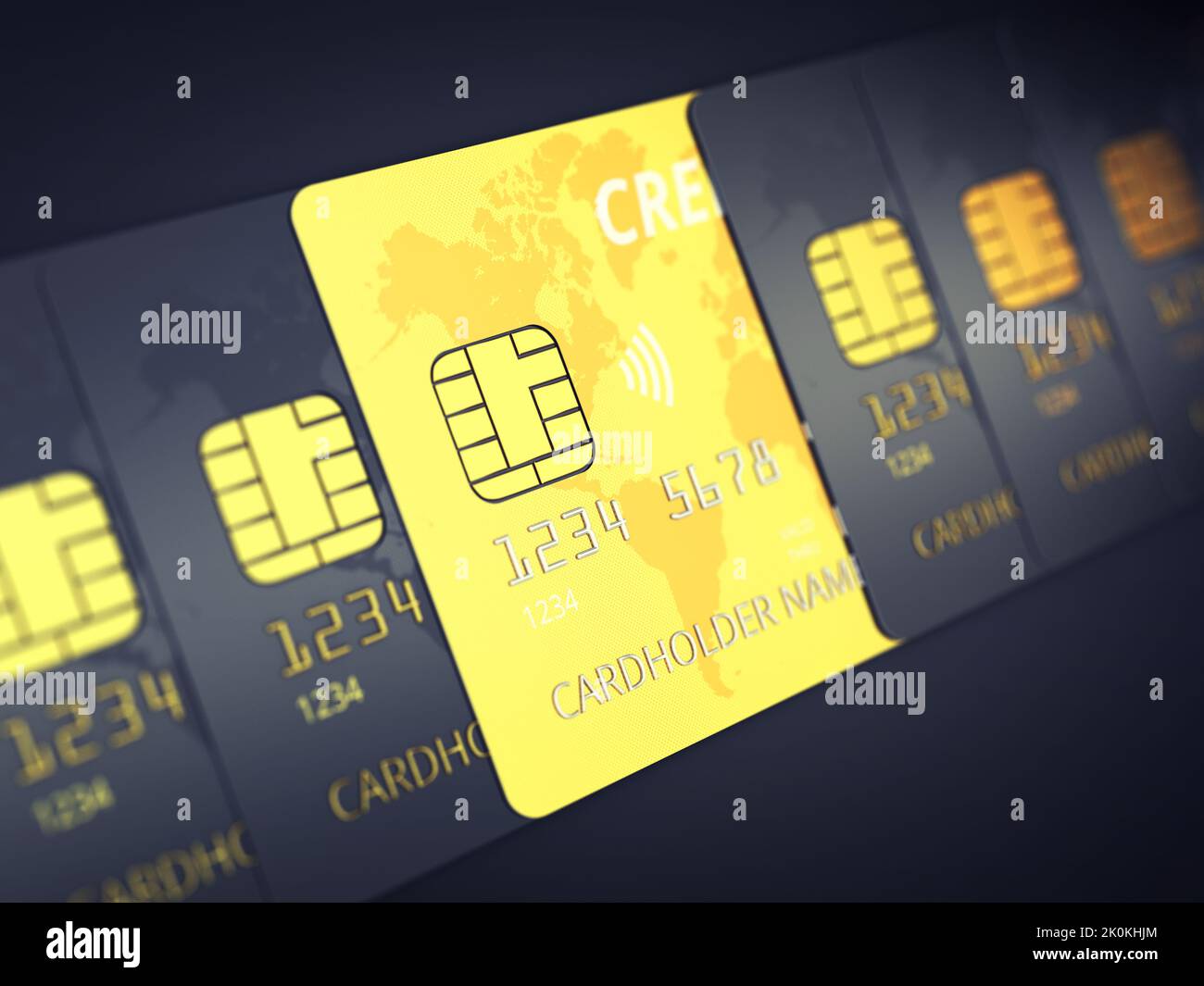 Gold and black contactless credit cards on black background. Wireless ...
