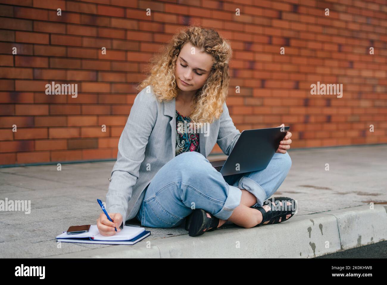 Serious, concentrated curly-haired woman student using laptop, writing ...