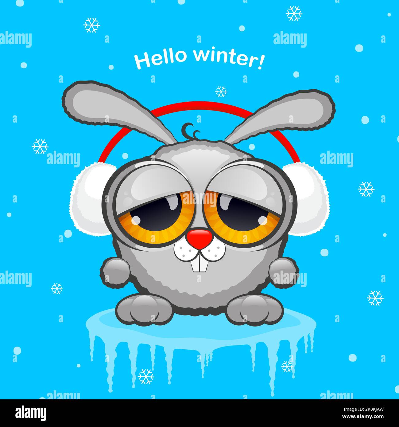 Gray rabbit in white fur headphones on a blue background with snow. The ...