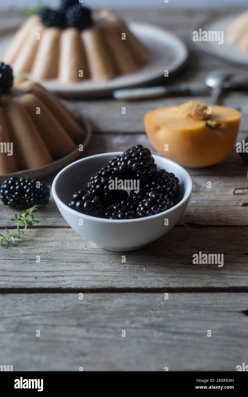 Closeup of served vegan panna cotta with peach and shiny sweet ...