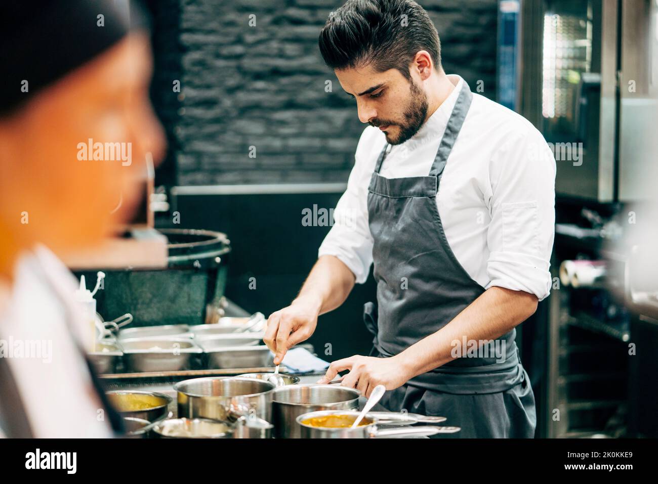 Side view of professional cook serving meal in restaurant kitchen ...