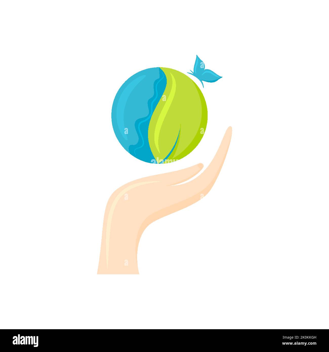 Planet Earth blooming clean green on hand flat. Conserve nature save ...