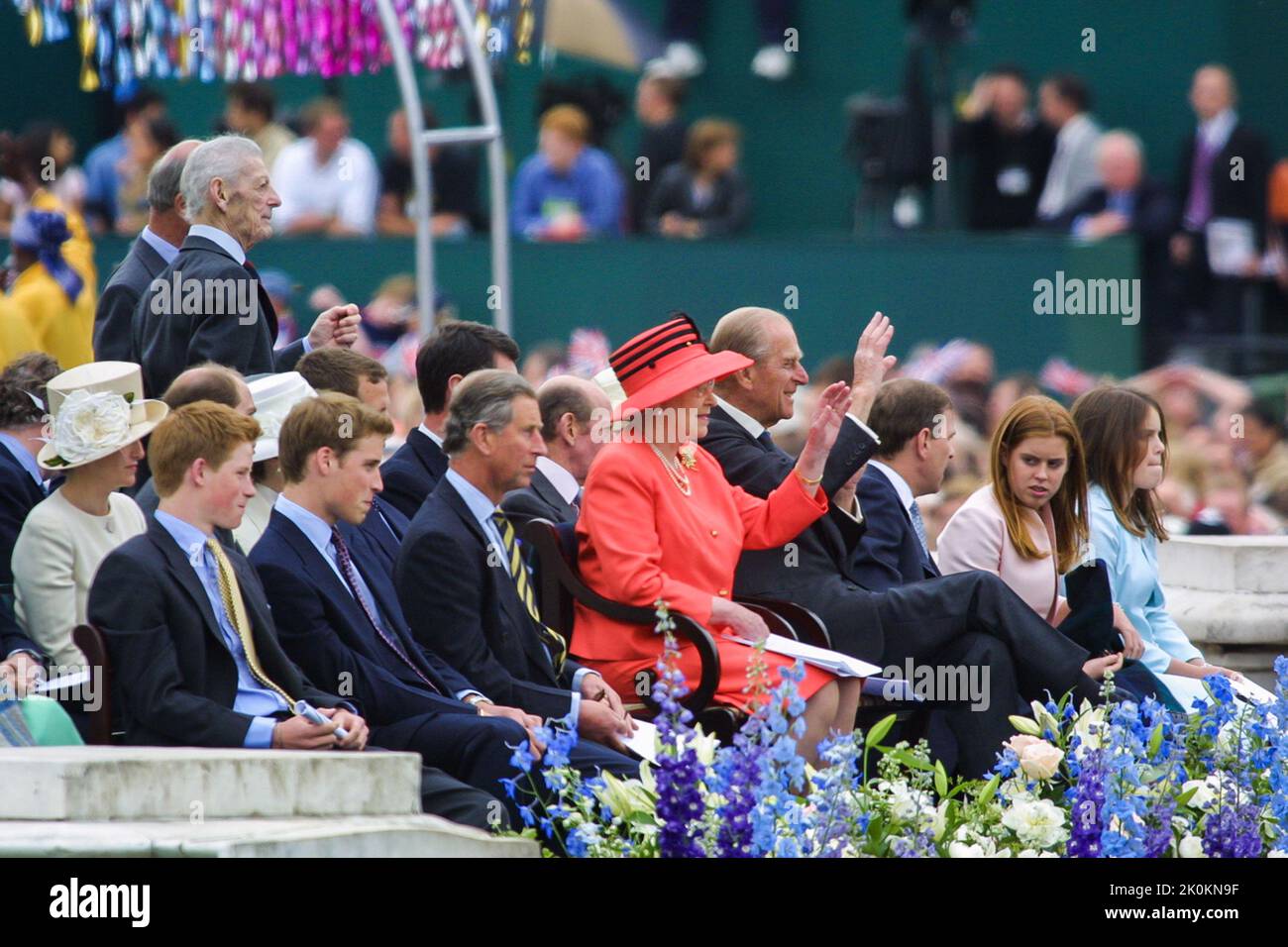 4th June 2002 - Queen Elizabeth II waves at crowds during her Golden ...