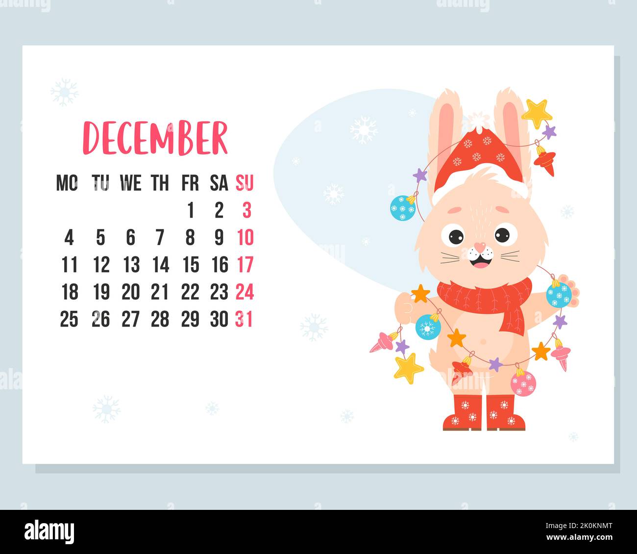 December 2023 calendar. Cute bunny in santa hat with garland and ...