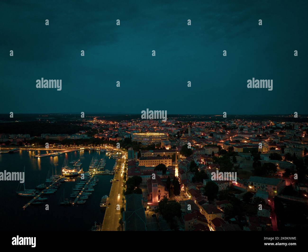 The night cityscape with Pula Arena in the background. Croatia Stock ...