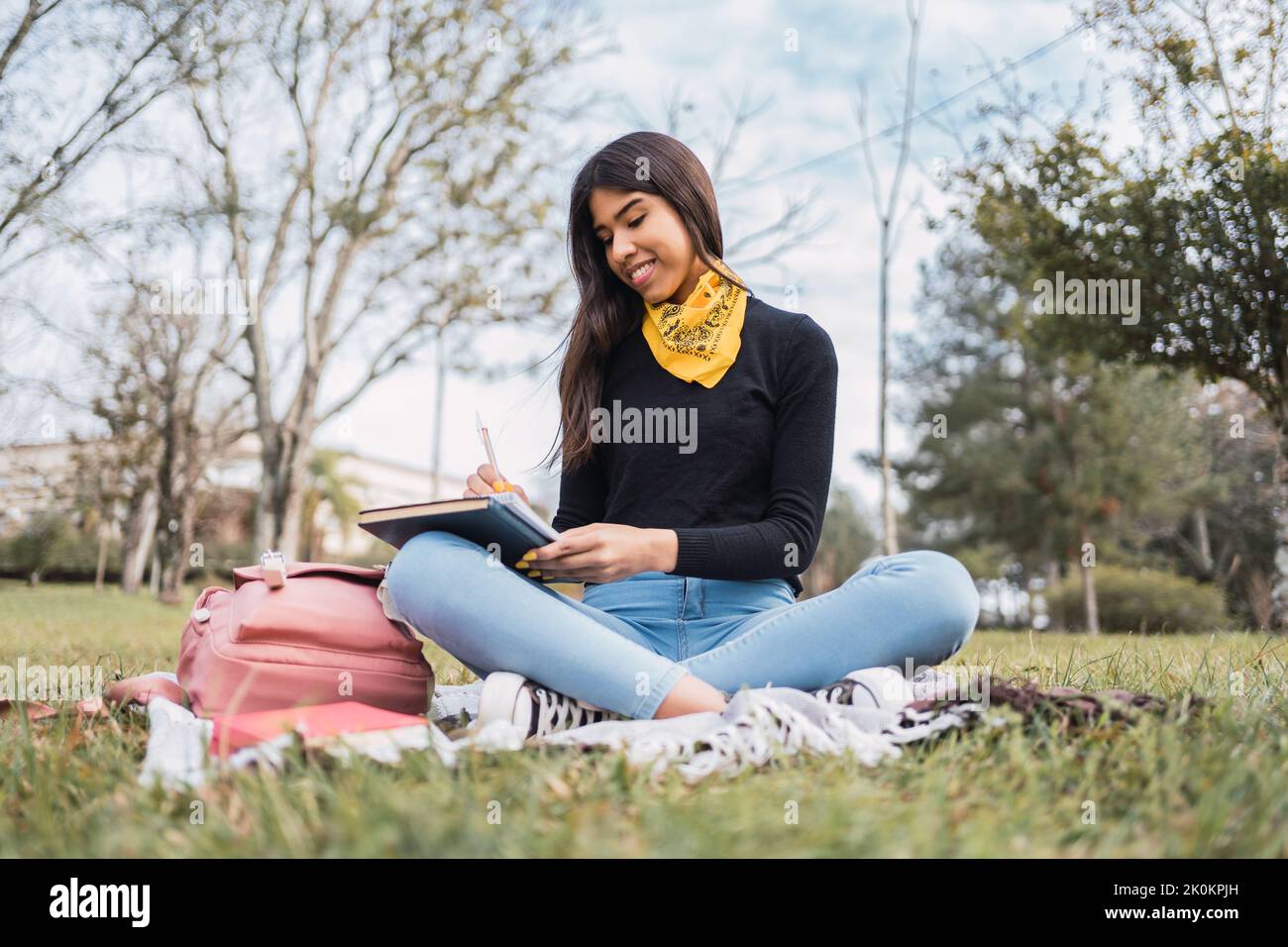 Young Hispanic female university student in casual outfit sitting on ...
