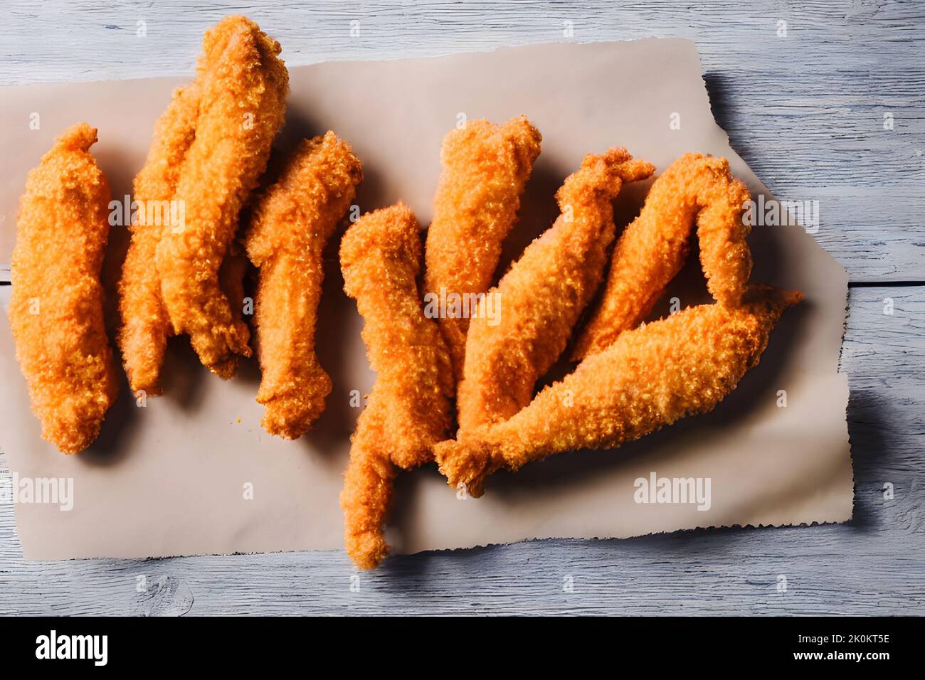 A top view of crispy chicken nuggets on paper against a grey wooden ...